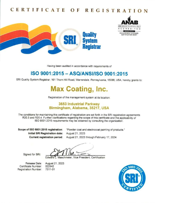 ISO Certification - Max Coating